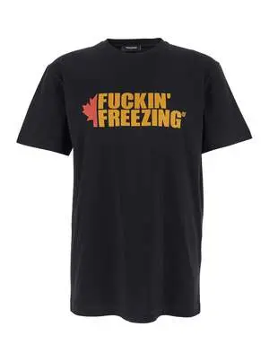 Dsquared2 Crewneck T-shirt With Print On The Front And Logo Lettering On The Rear In Cotton - Black