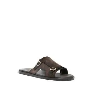 Santoni Dark Suede Buckle Strap Open Toe Flat Sandals
