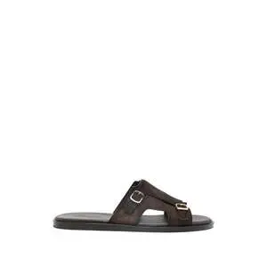 Santoni Dark Suede Buckle Strap Open Toe Flat Sandals - Brown