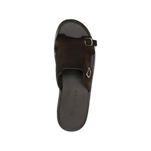 Santoni Dark Suede Buckle Strap Open Toe Flat Sandals - Brown