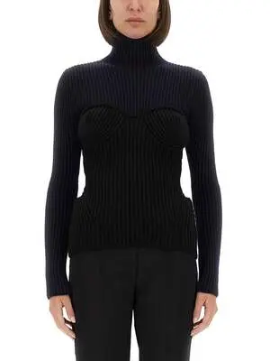 JEAN PAUL GAULTIER Slim Fit Merino Wool Knit Top With Corset Detail - Blue
