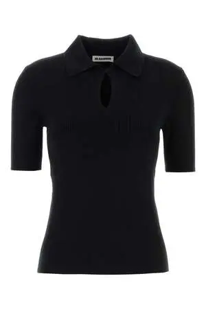 JIL SANDER Ribbed Knit Keyhole Polo Shirt - Black