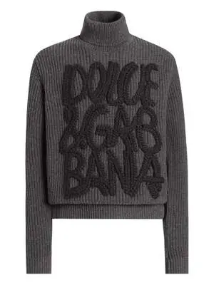 Dolce & Gabbana Wool Ribbed Knit Turtleneck Sweater With Embroidered Logo - Multicolor