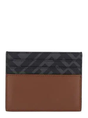 Fendi Card Holder With Ff Plaque On The Front In Leather And Ff Canvas - Brown