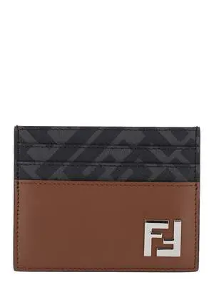 Fendi Card Holder With Ff Plaque On The Front In Leather And Ff Canvas - Brown