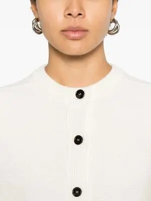Gucci White Cashmere Wool Crewneck Cardigan With Leather Detail