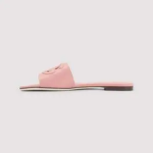 Dolce & Gabbana Pink Leather Flat Slides Sandals With Dg Emblem - Multicolor