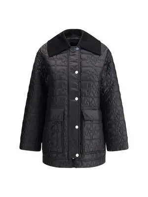 GANNI Quilted Glossy Finish Down Jacket With Corduroy Collar - Gray