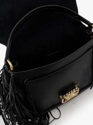 Burberry Rider Leather Shoulder Bag With Fringed Edges - Black