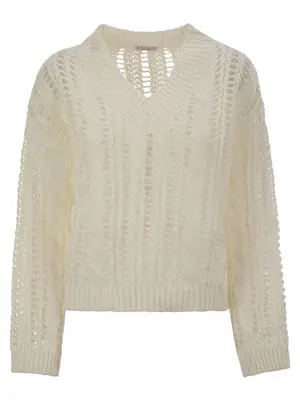 Brunello Cucinelli Cable & Mesh Jute And Cotton Blend V-neck Pullover