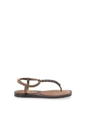 Brunello Cucinelli Calf Leather Embellished Flat Sandals