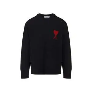 AMI Paris Wool Crewneck Sweater With Red Logo Inlay - Black
