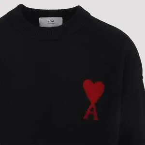 AMI Paris Wool Crewneck Sweater With Red Logo Inlay - Black