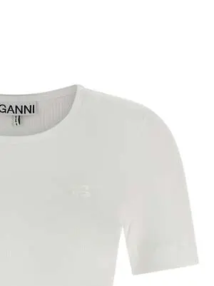 GANNI Ribbed Organic Cotton T-shirt With Logo Embroidery - White