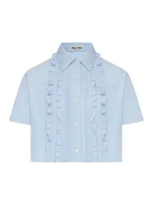Miu Miu Cropped Poplin Shirt With Ruffled Details - Blue