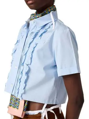 Miu Miu Cropped Poplin Shirt With Ruffled Details - Blue