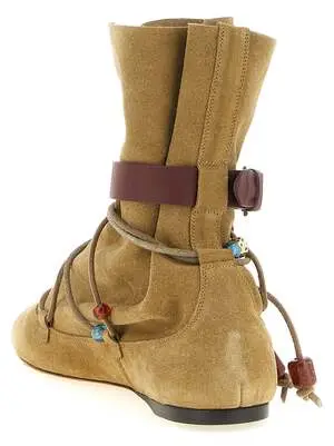 Isabel Marant Étoile Letiz' Draped Suede Ankle Boots With Beaded Lace And Buckled Strap - Cream