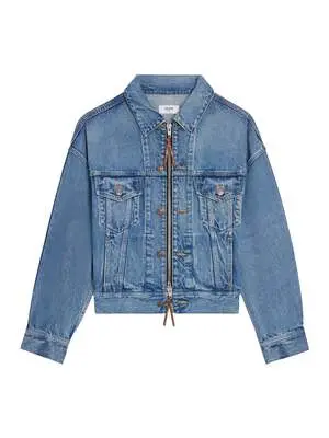 Celine Denim Trucker Jacket With Triomphe Leather Appliqu