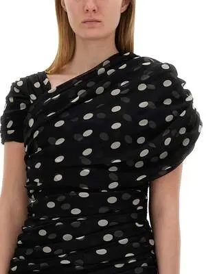 Saint Laurent Asymmetrical Gathered Polka Dot Dress