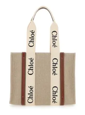 Chloé Woody' Linen Medium Tote Bag - Cream