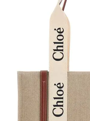 Chloé Woody' Linen Medium Tote Bag - Cream