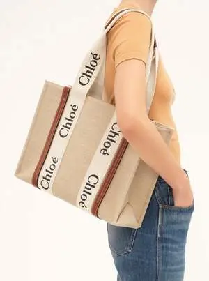 Chloé Woody' Linen Medium Tote Bag - Cream