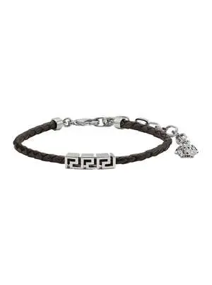 Versace Black Leather Bracelet With Silver-tone Metal Plate And Medusa Pendant - Multicolor