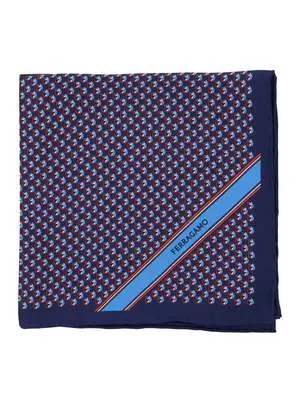 FERRAGAMO Blue Pocket Square With Gancini Print And Lettering Logo In Silk - Multicolor