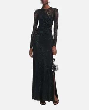 SELF-PORTRAIT Rhinestone Lace Sleeve Maxi Dress - Multicolor