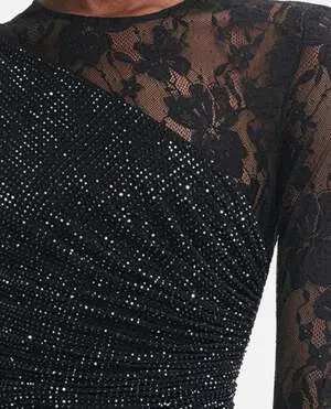 SELF-PORTRAIT Rhinestone Lace Sleeve Maxi Dress - Multicolor