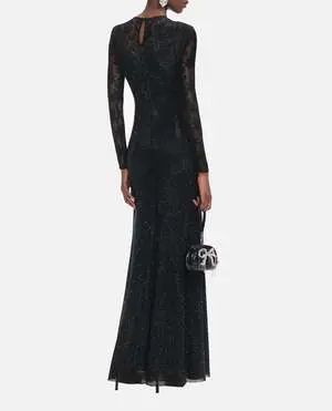 SELF-PORTRAIT Rhinestone Lace Sleeve Maxi Dress - Multicolor