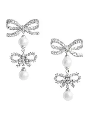 SELF-PORTRAIT Double Bow Crystal And Pearl Drop Earrings In Silver-tone Copper