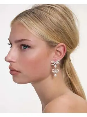 SELF-PORTRAIT Double Bow Crystal And Pearl Drop Earrings In Silver-tone Copper