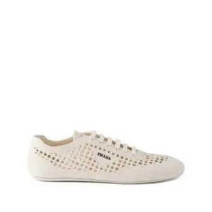 Prada Beige Crochet Lace-up Flat Shoes - White