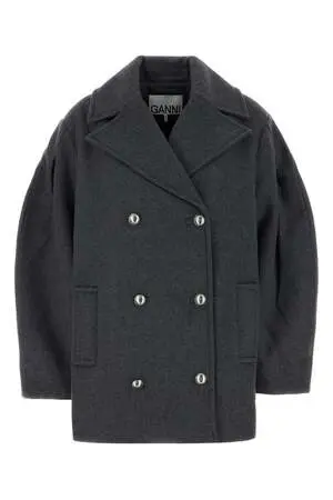GANNI Double-breasted Wool Blend Coat - Gray