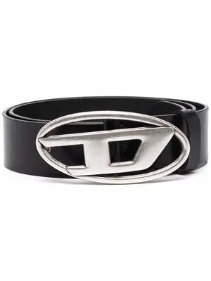 DIESEL® Black Leather Belt With Silver-tone Logo Buckle - Multicolor