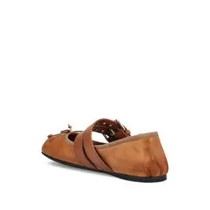 Miu Miu Lambskin Ballet Flats With Buckle Strap And Ribbon Detail - Brown