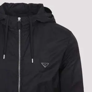 Prada Hooded Zip-up Jacket With Signature Logo Patch - Black