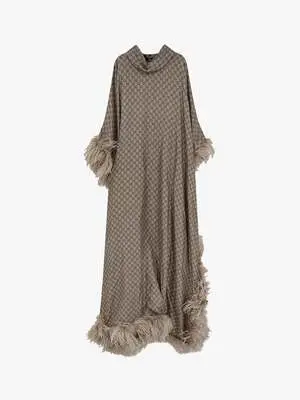 Gucci Silk Kaftan Dress With Feather Trim - Multicolor