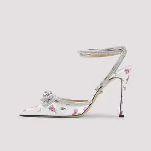 Mach & Mach Double Bow Floral Satin High Heel Sandals - Silver
