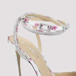 Mach & Mach Double Bow Floral Satin High Heel Sandals - Silver