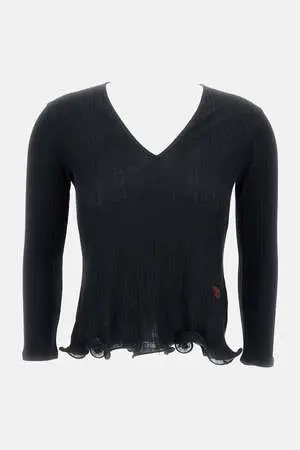 Fendi Rib Knit V-neck Long Sleeve Top With Scalloped Hem - Multicolor