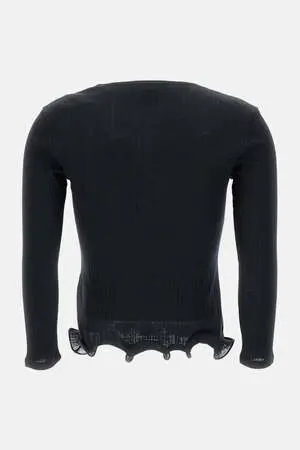 Fendi Rib Knit V-neck Long Sleeve Top With Scalloped Hem - Multicolor