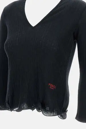 Fendi Rib Knit V-neck Long Sleeve Top With Scalloped Hem - Multicolor