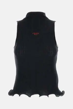 Fendi Sleeveless High Neck Ribbed Top With Ruffle Hem - Multicolor