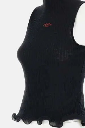 Fendi Sleeveless High Neck Ribbed Top With Ruffle Hem - Multicolor