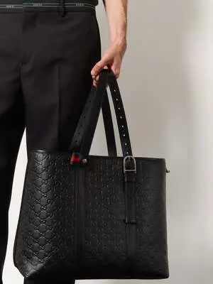 Gucci Gg Emblem Leather Shopping Bag With Embossed Gg Motif - Black