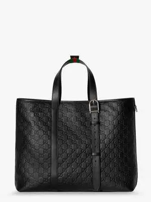 Gucci Gg Emblem Leather Shopping Bag With Embossed Gg Motif - Black