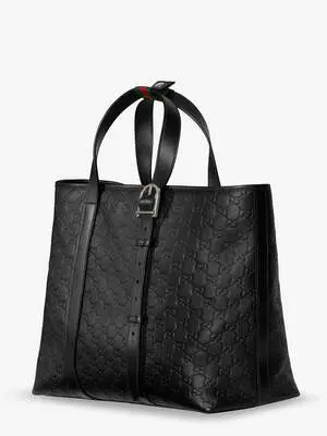 Gucci Gg Emblem Leather Shopping Bag With Embossed Gg Motif - Black