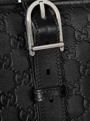 Gucci Gg Emblem Leather Shopping Bag With Embossed Gg Motif - Black